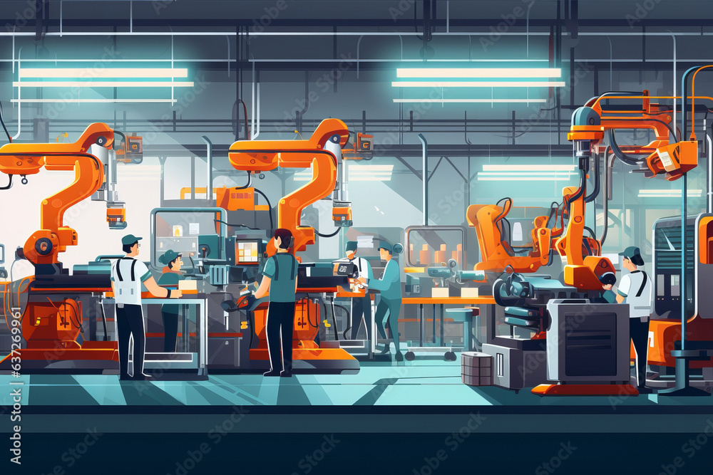 Beautiful illustration concept of assembly line and workers or ...