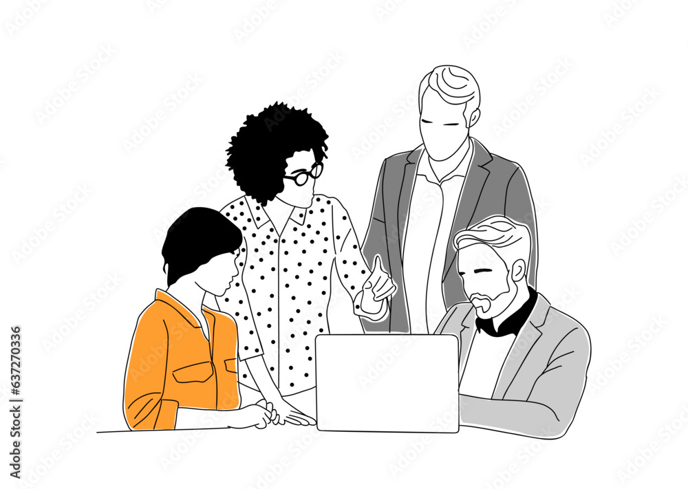 Team work business scene illustration. Diverse multinational men and ...