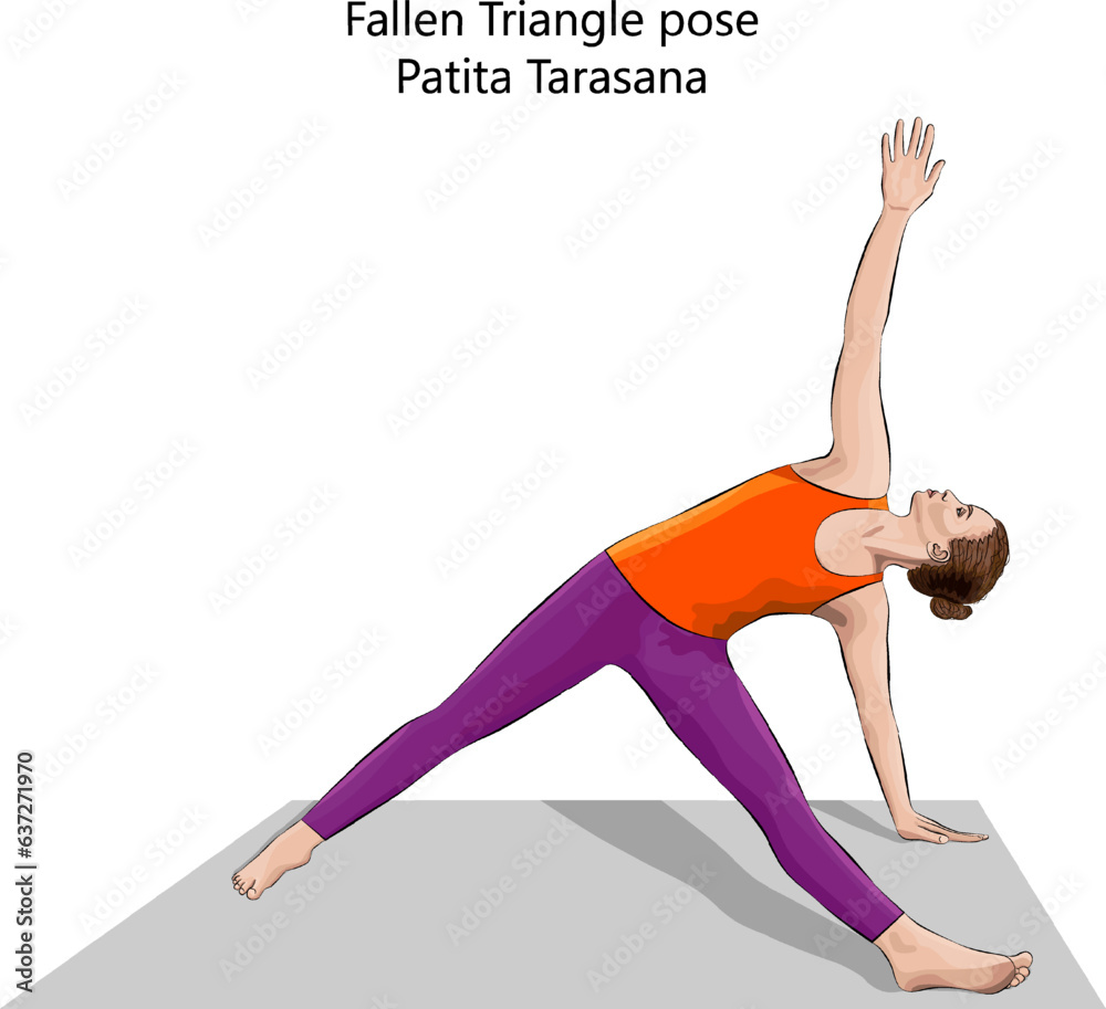 Young woman practicing yoga exercise, doing Fallen Triangle pose or ...