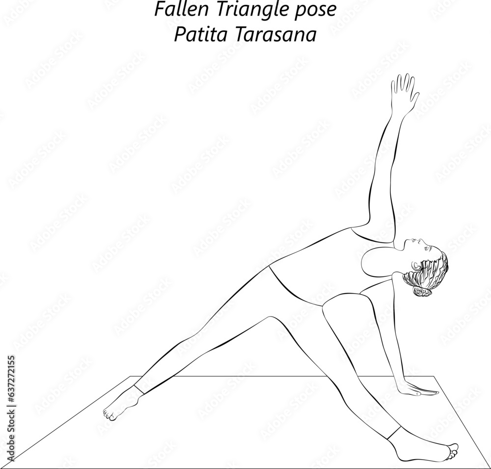 Sketch of young woman practicing yoga, doing Fallen Triangle pose or ...