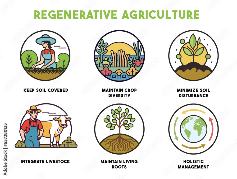 Regenerative agriculture method for soil health and vitality Icons set ...