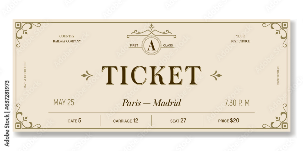 Vintage ticket template on a light background with golden accents. For ...