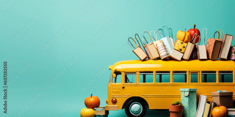 Funny School Bus and Books on Turquoise Blue Background: A photo of a ...