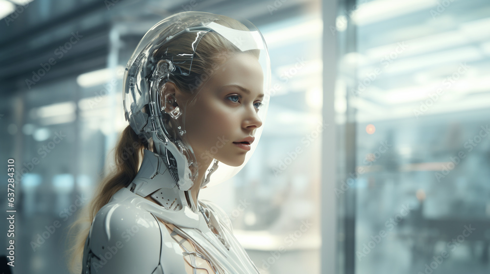 Generative AI, beautiful blonde robot girl, cyborg, android, modern ...