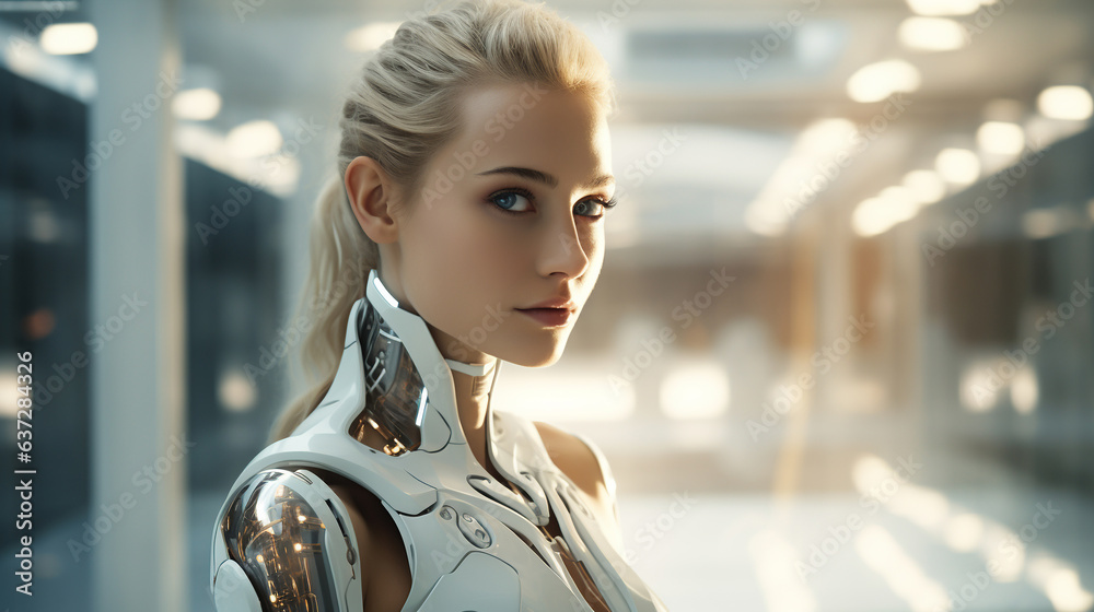 Ilustrace „Generative AI, beautiful blonde robot girl, cyborg, android ...