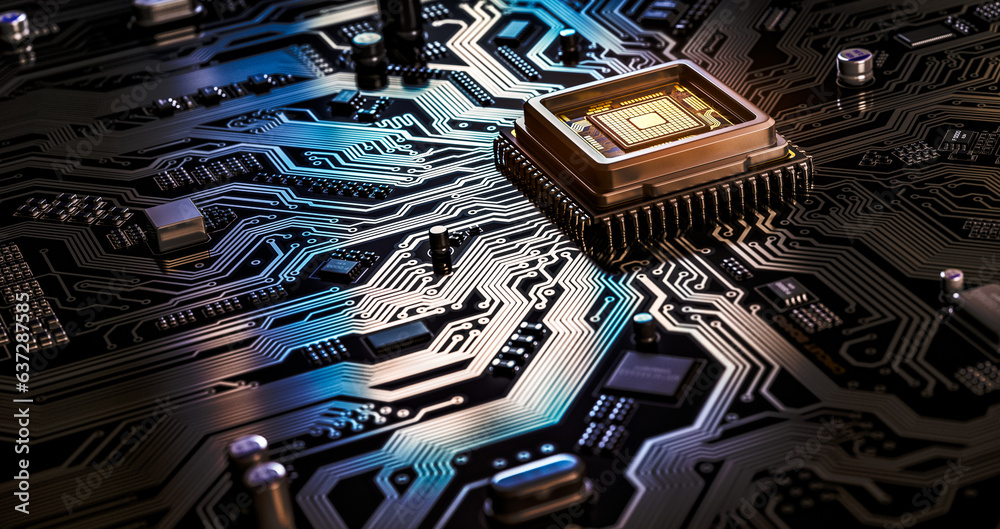 Computer motherboard with CPU. Circuit board system chip with core ...