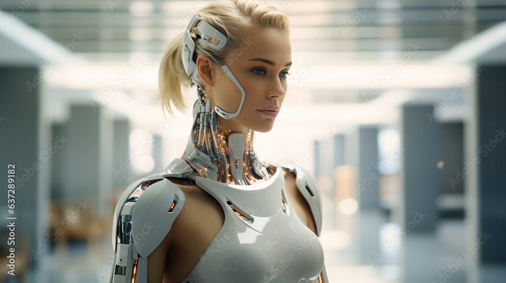 Generative AI, beautiful blonde robot girl, cyborg, android, modern ...