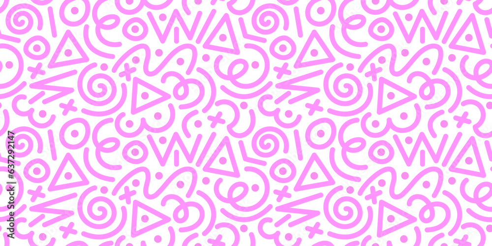 Cute pink seamless pattern with various lines and shapes. Repeating patterns in 90s style for ...