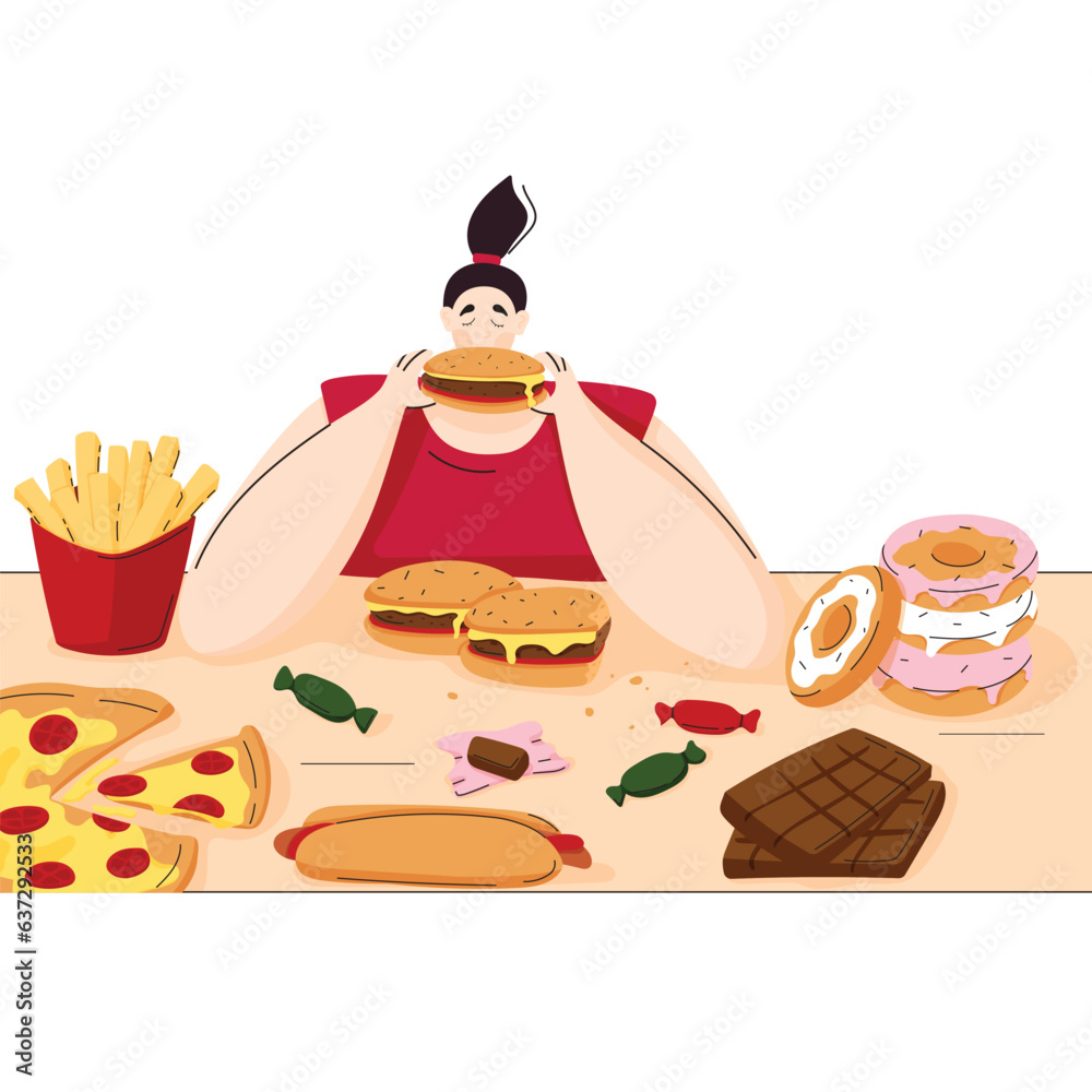 Eating disorders. Overweight woman with obsessive eating habits. Diet ...