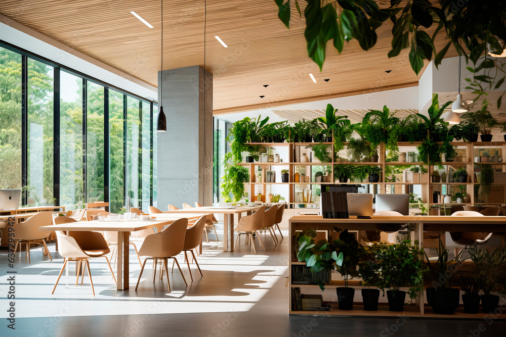 a modern office concept featuring indoor plants, Biophilic Design ...