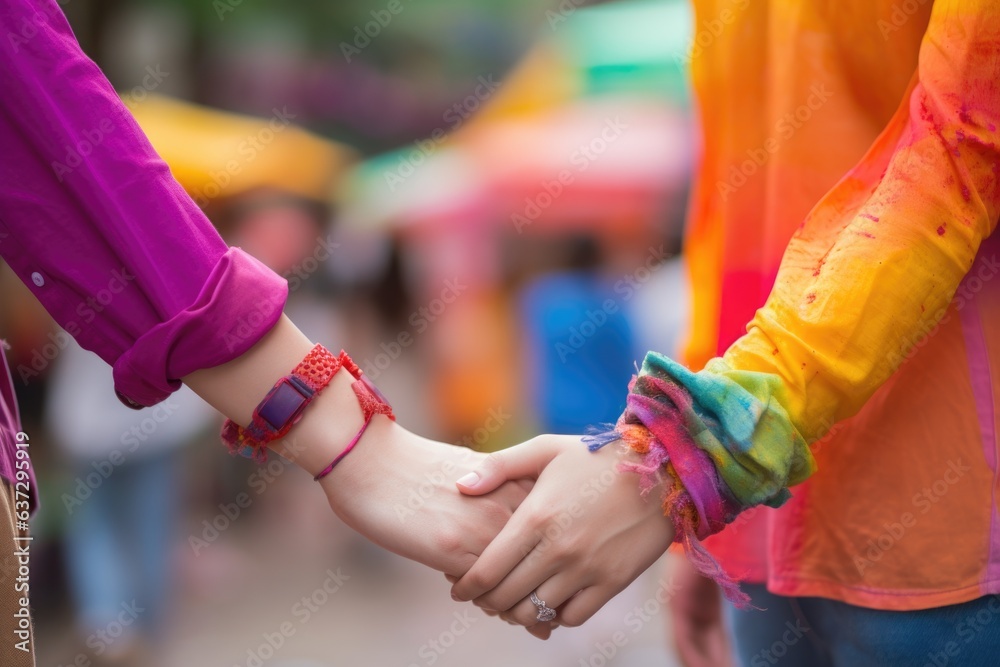 hand of LGBT women holding together with rainbow ribbon symbol; concept ...