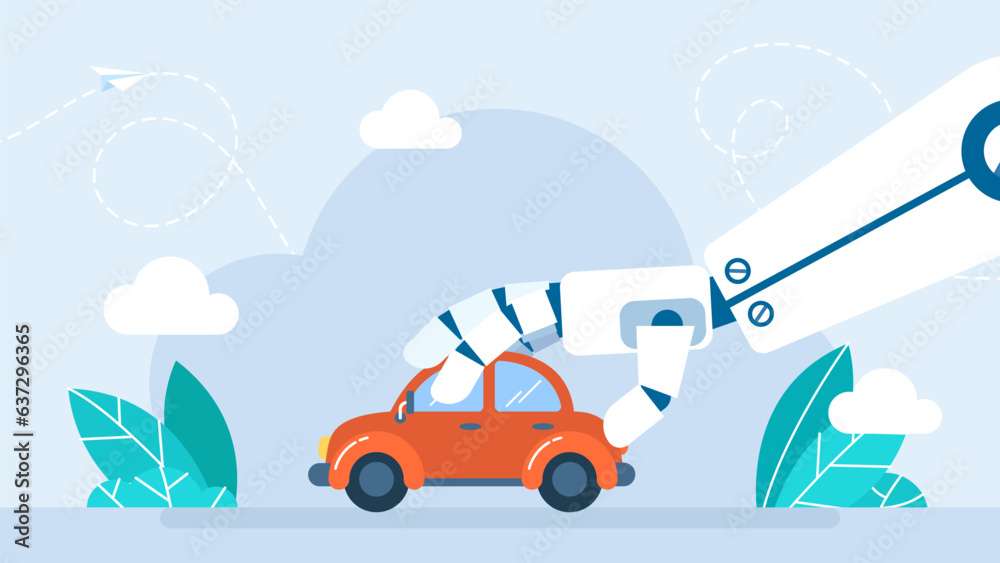 A robot drives a tiny car. Robot driver of autonomous car. Artificial ...