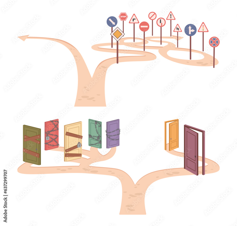 Vetor de Easy or difficult way, closed and open doors, hard choice ...