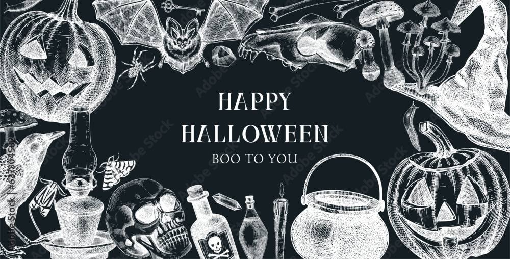Halloween frame design on chalkboard. Hand drawn vector illustrations ...