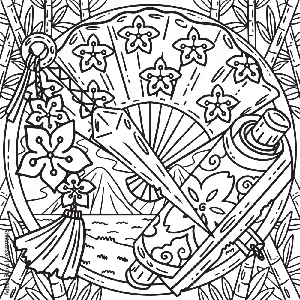 Ninja Scroll, Fan and Kunai Coloring Page for Kids Stock Vector | Adobe ...