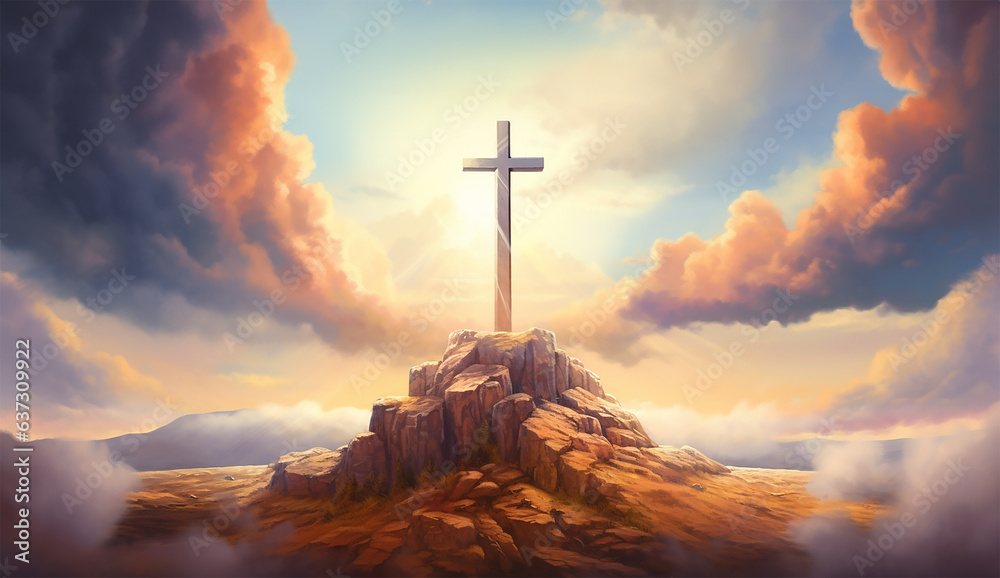Sacred illustration, A majestic holy cross on Golgotha Hill Stock ...