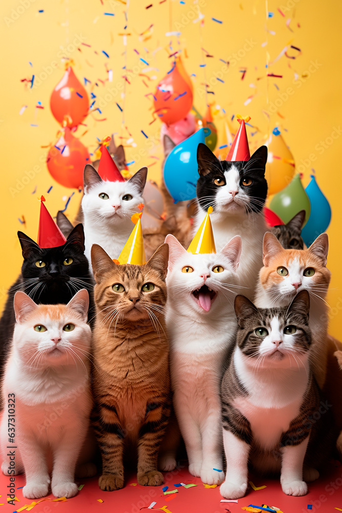 Group of cats celebrating a birthday on yellow background with confetti ...