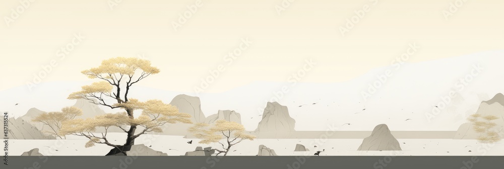 Ancient Calm in Modern Art - Minimalist Mural of a Zen Garden - A Gold ...