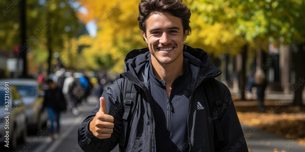 Optimistic Student Celebrates Achievement in the Street: A photo of an ...
