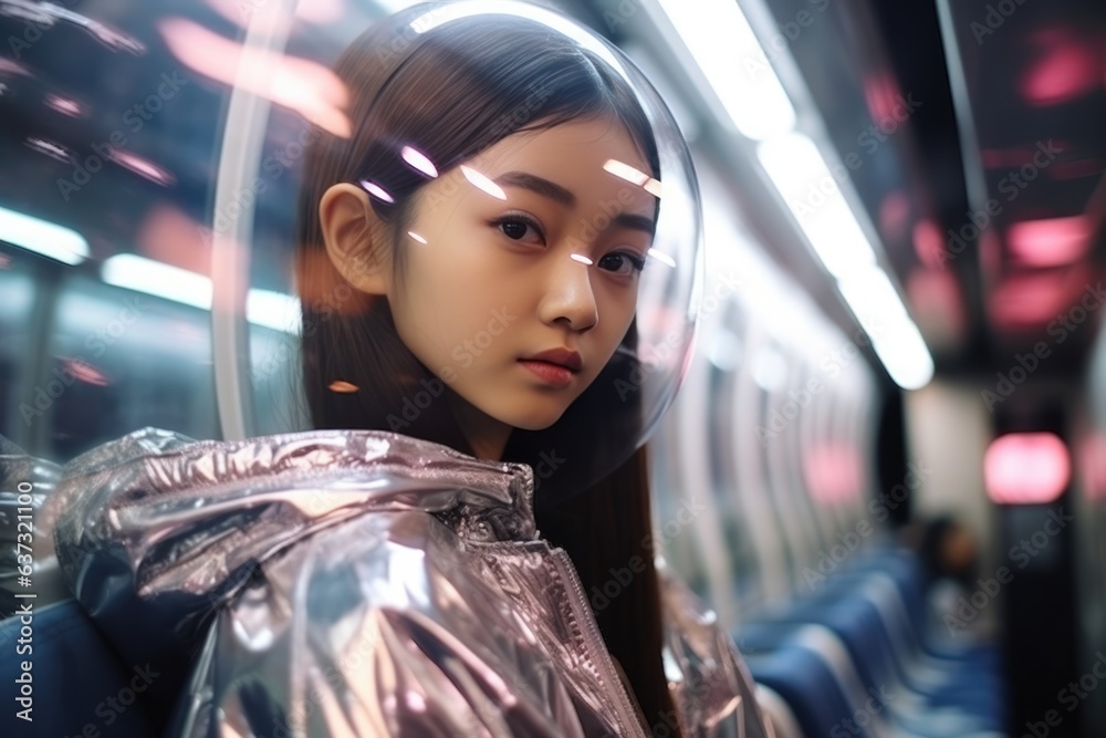 Asian Girl In A Transparent Helmet Stand In A Holographic Puffer On On ...