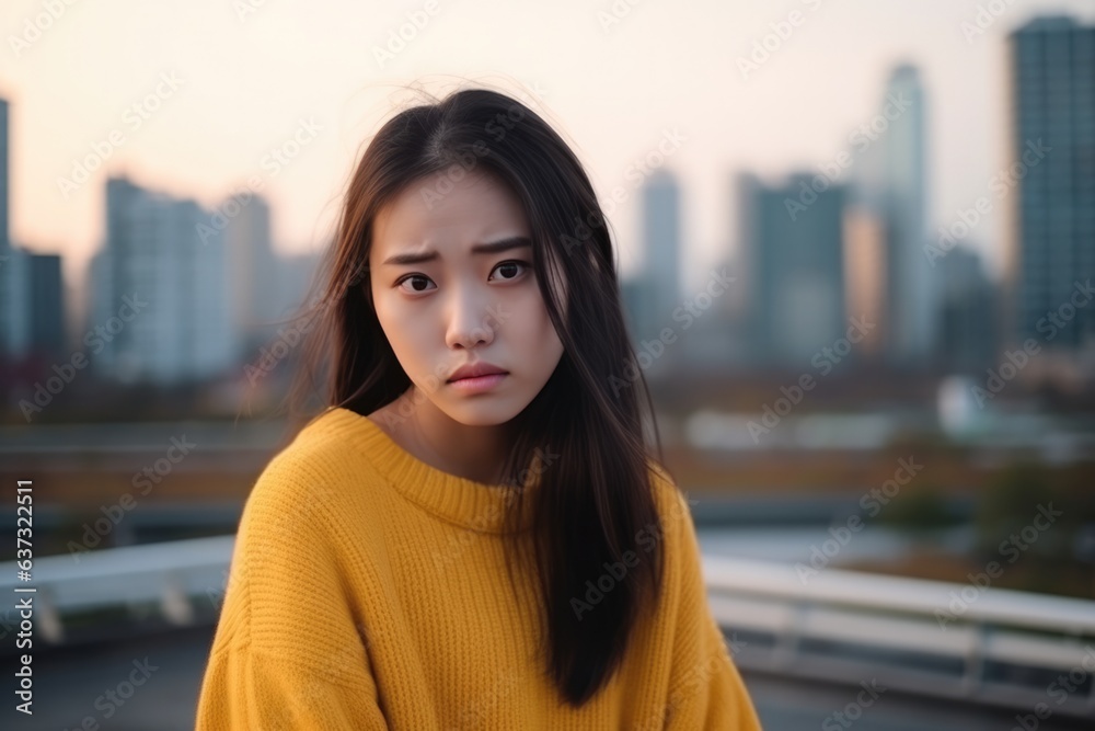 Sadness Asian Woman In A Yellow Cardigan On City Background. Сoncept ...