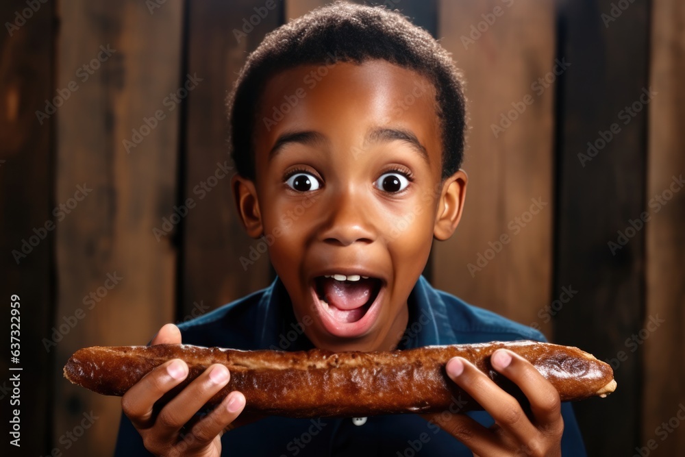 Surprise African Boy Holds And Eats Sausages On Wooden Plank Background ...