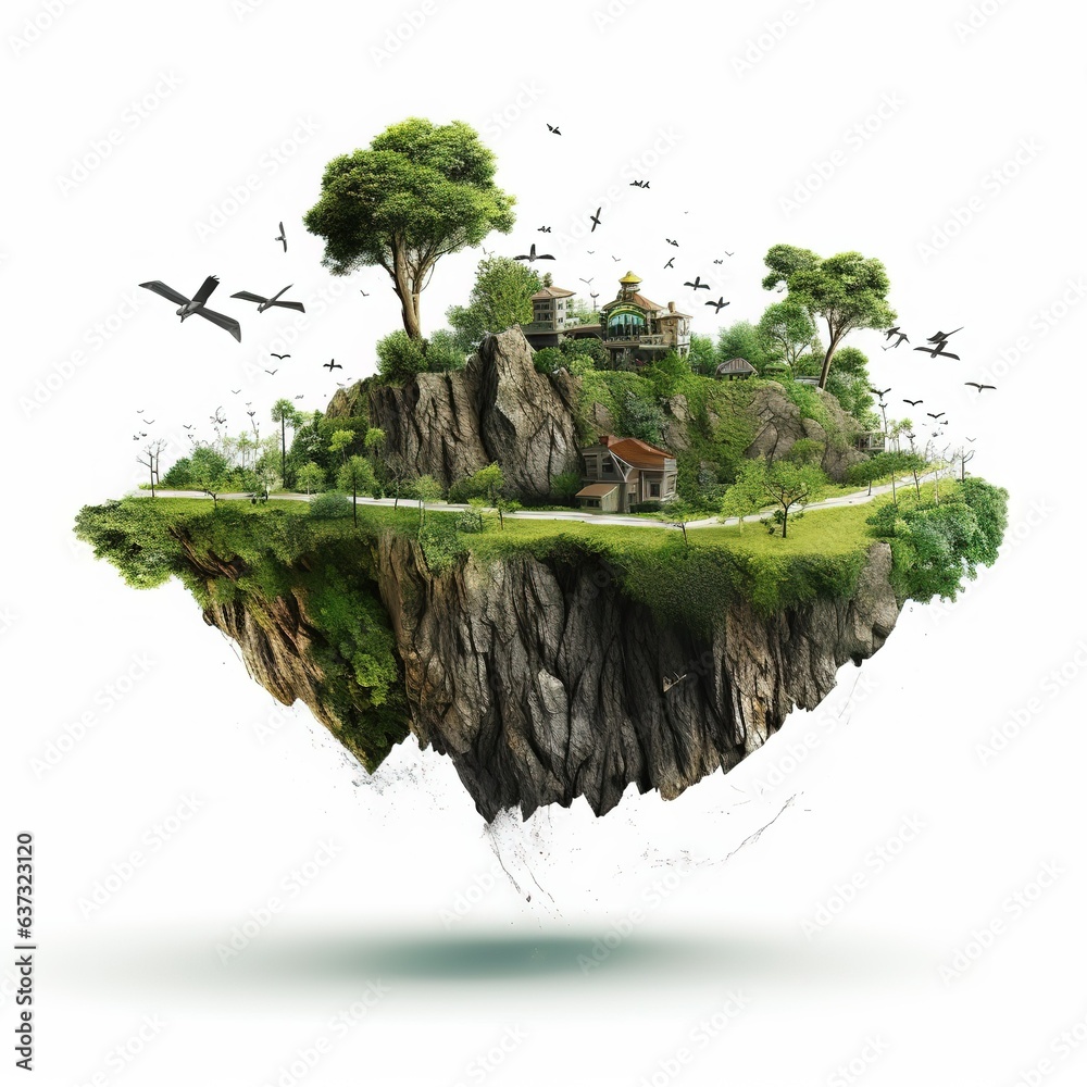 Fantasy surreal island with waterfalls and green grass, trees, ocean ...