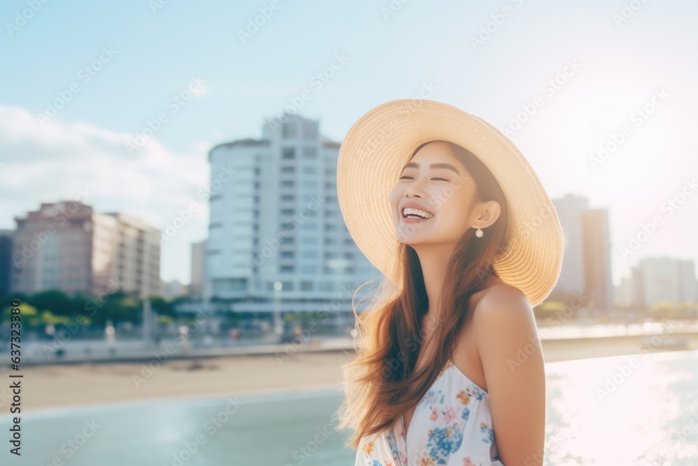 Surprise Asian Woman Stand In A Beachwear On City Background. Сoncept ...