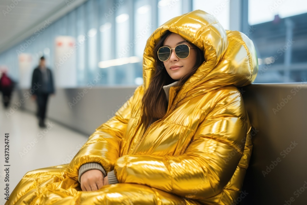 Surprise Asian Girl Sit In A Gold Puffer On At The Airport . Сoncept ...