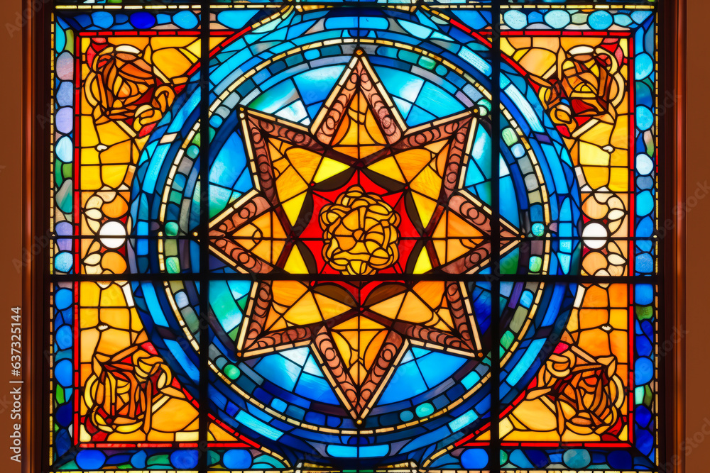 Sacred Star of David stained glass window radiates sunlight in a ...