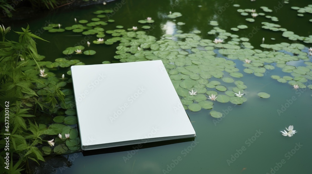 Blank Brand New Memo Block In The Pond. White mockup. Floating white ...