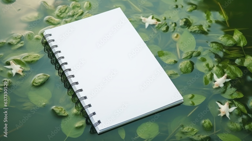 Blank Brand New Paper Notepad In The Pond. White mockup. Floating above ...