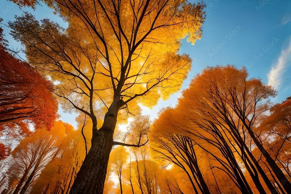 sunshine through autumn tree canopy from below, bright golden fall ...