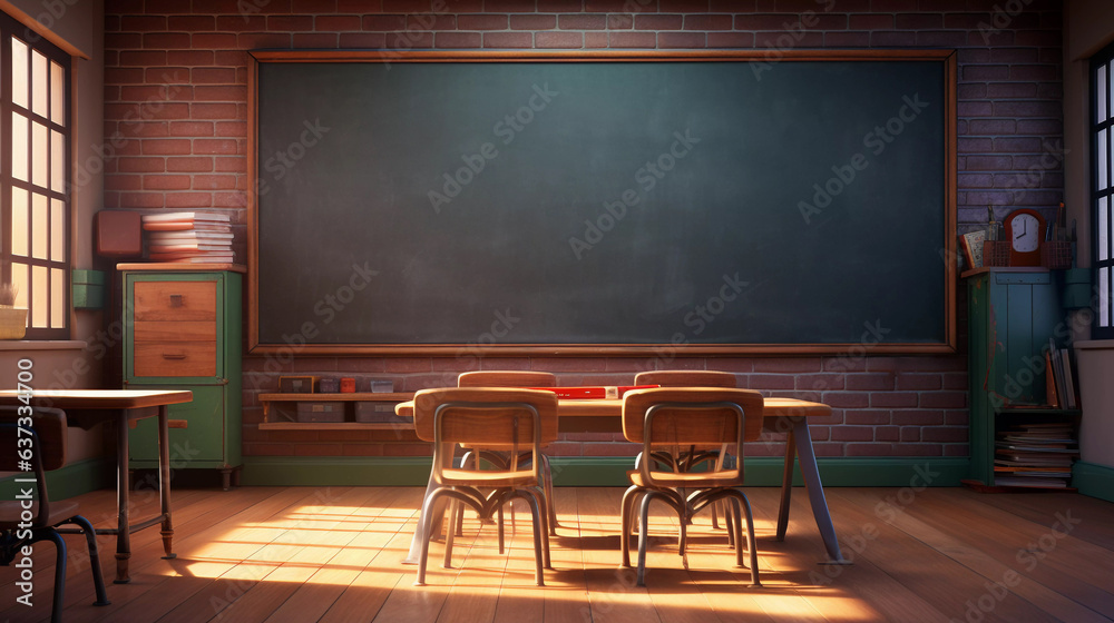 Empty Classroom Background with Chalkboard. Tables and seats on wooden ...