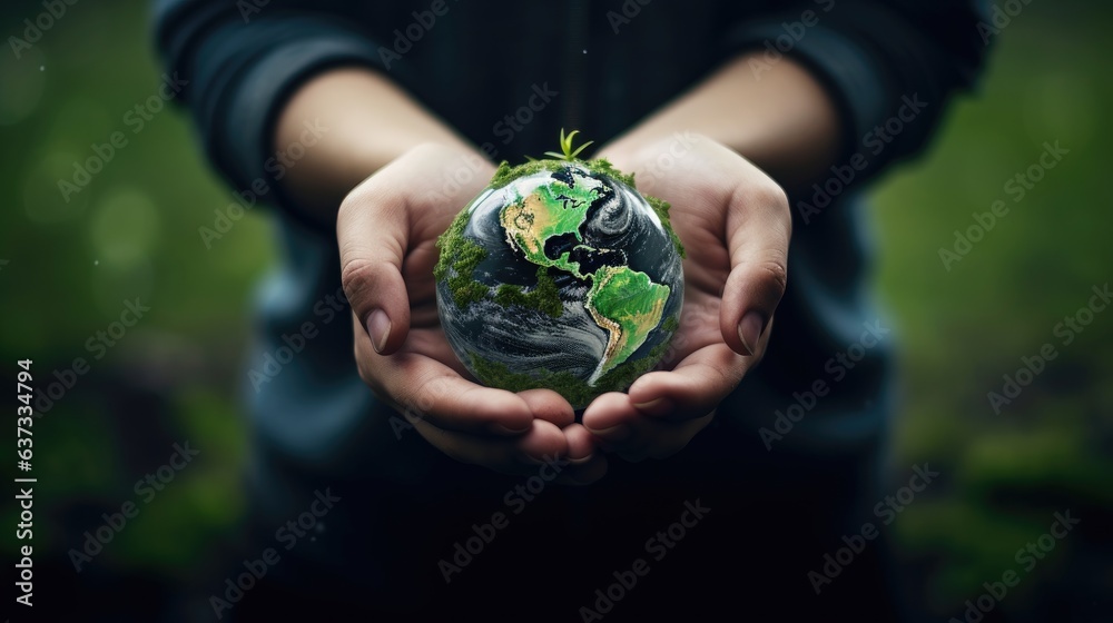 Supporting Our Planet. Two young male hands of a teenager holding a ...
