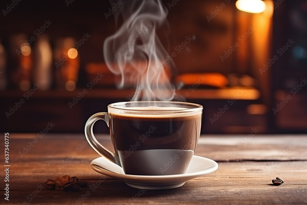 Cup of steamy hot black coffee with warm steam cloud in a white mug ...