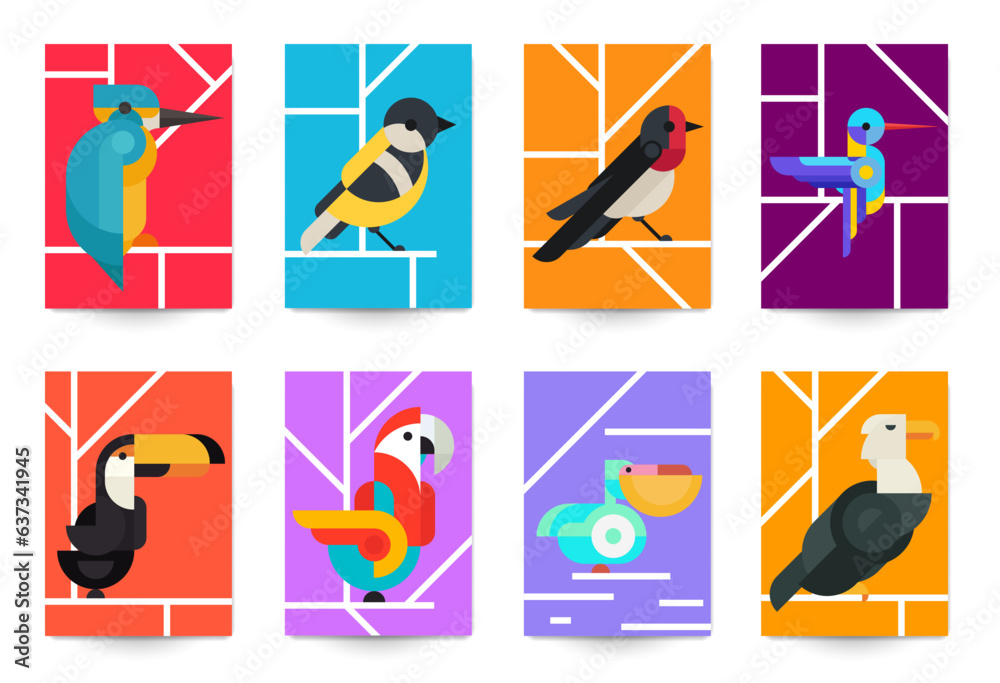 Set of minimal abstract geometric background with birds. Creative ...