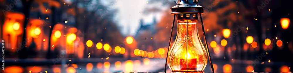 Banner with a lantern with a burning candle in front of a blurred alley ...