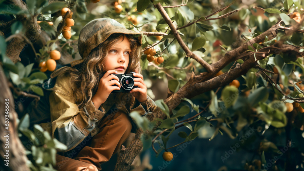 Young Explorer Girl Sitting atop an Orange Tree with Camera, Observing ...