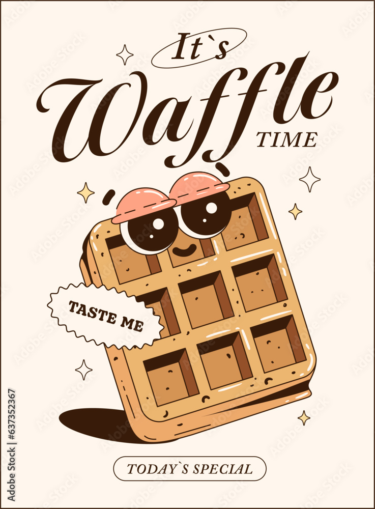 Trendy posters with funny characters. Fresh baked. It's Waffle Time ...