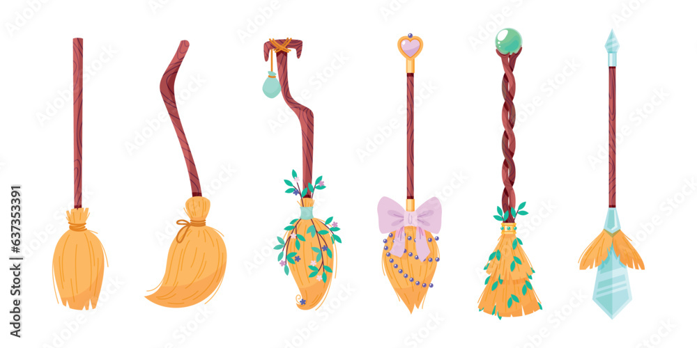 Set of witch brooms. Cartoon illustration of different magic ...