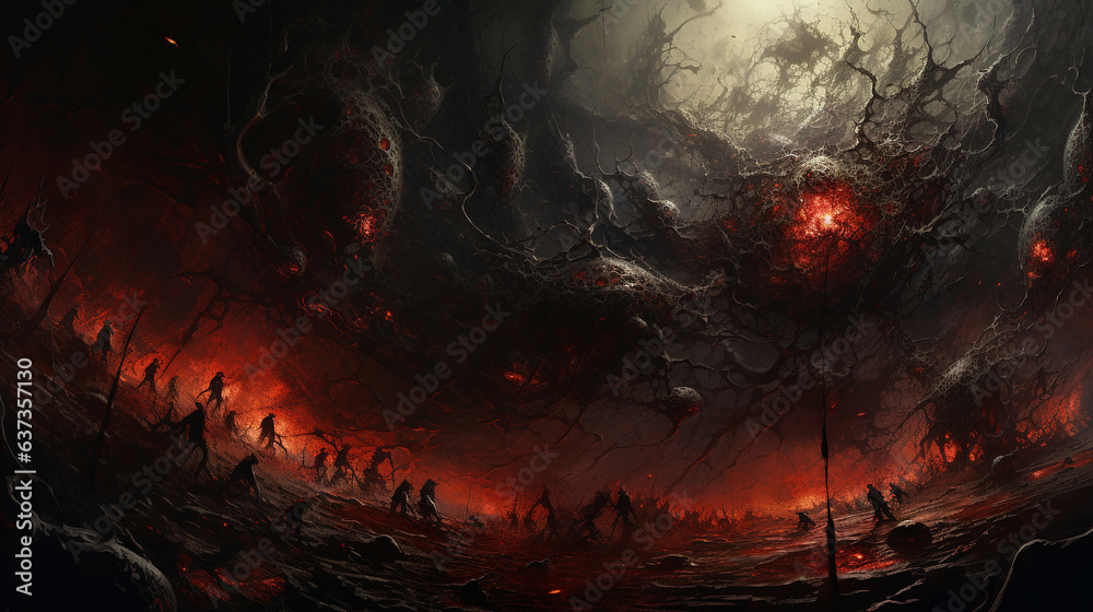 Chaotic illustration of inferno, an alien burning planet, fire, chaos ...