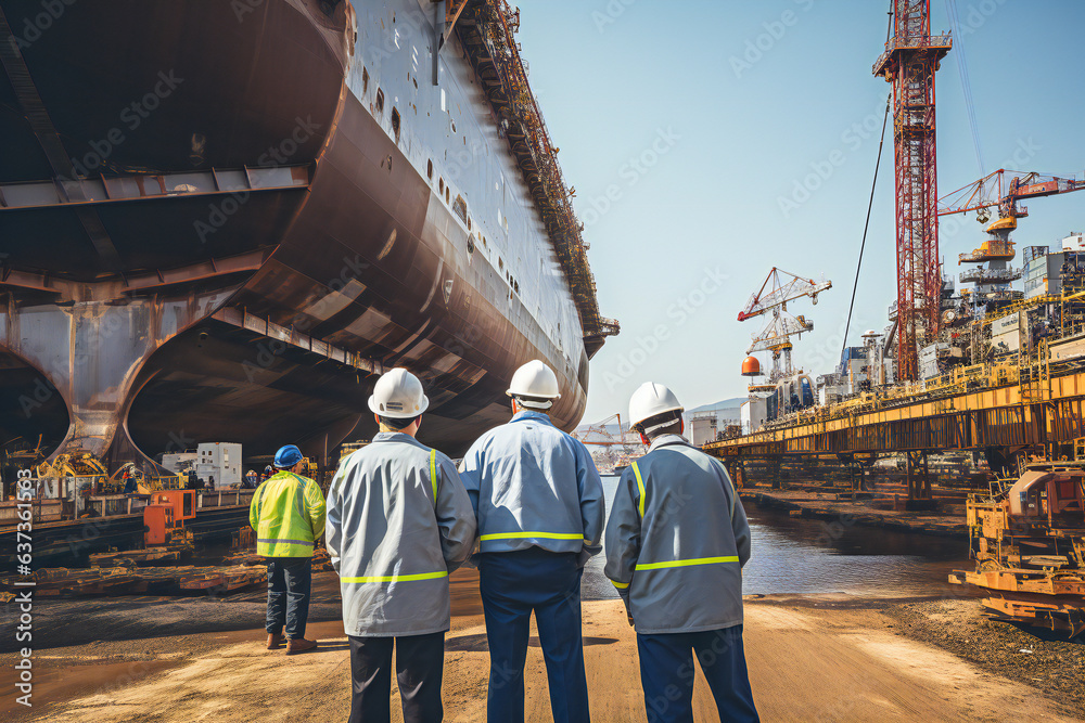Big ship under construction in shipyard with shipyard workers around ...