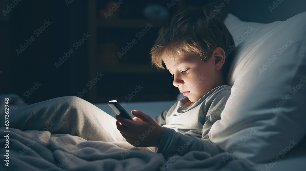 Child is addicted to a phone Sleepy exhausted lying in bed using a smartphone, Insomnia, and ...