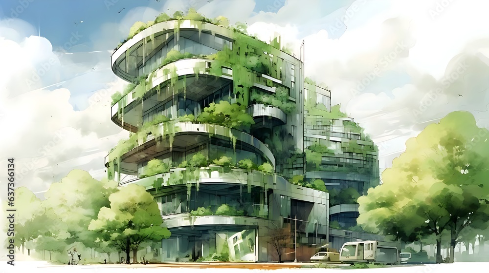 Watercolor modern eco green building city environment background. 8k ...