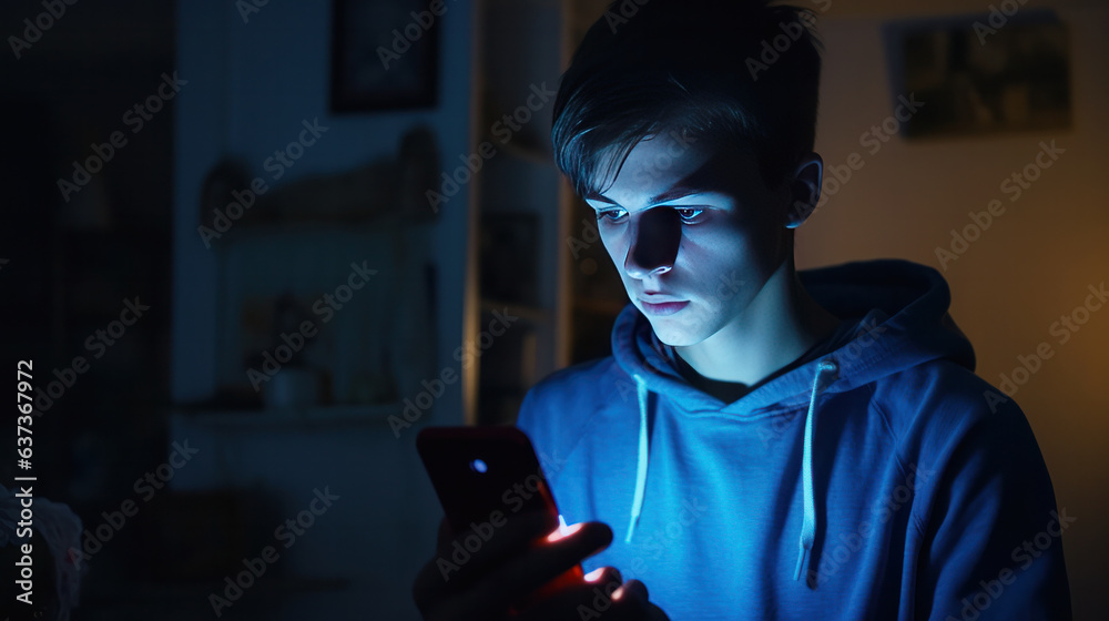 Boy is addicted to a phone Sleepy exhausted lying in bed using a ...