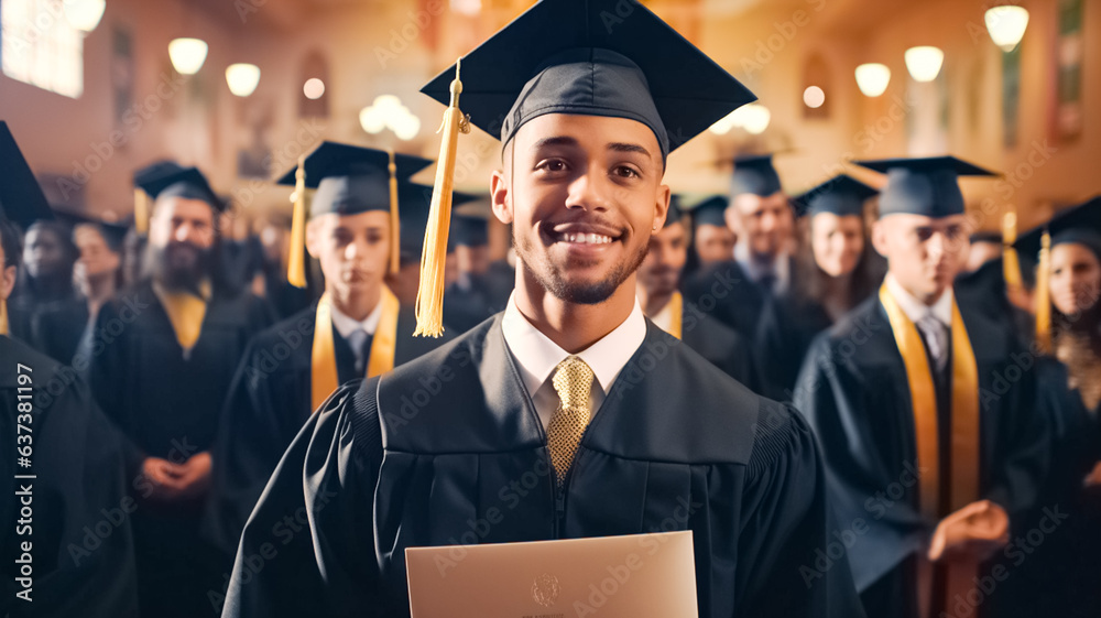 Student graduation, african american male with certificate graduate in ...