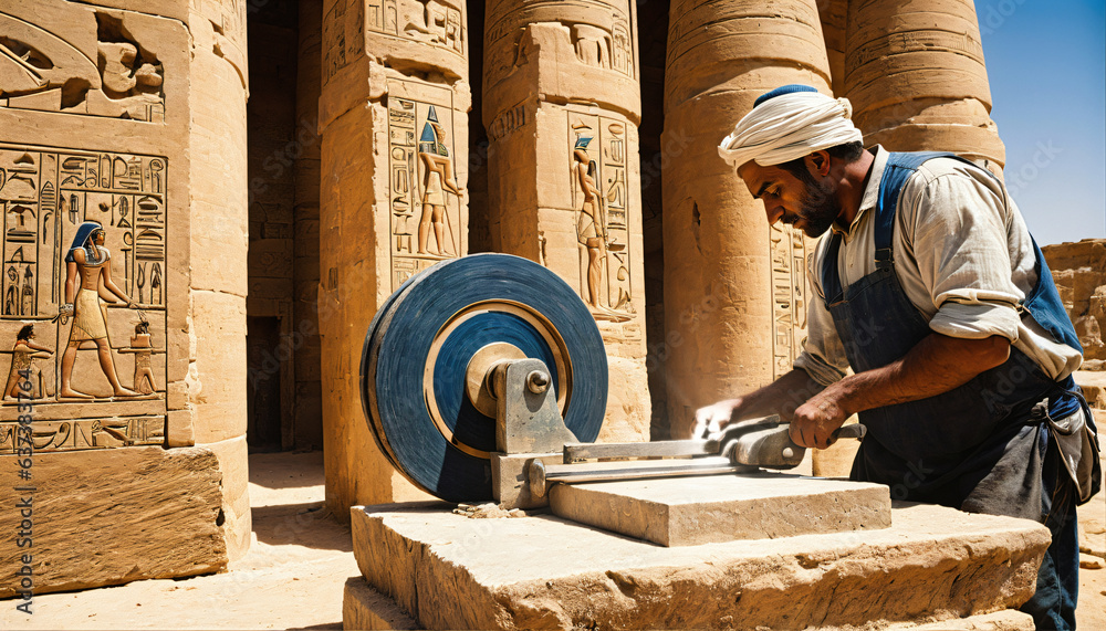 ancient Egyptian worker cutting stone using mystery machinery with ...