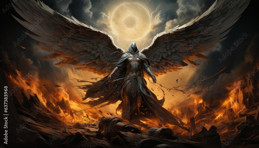 Dark Archangel with black wings on the ground on fire near the temple ...