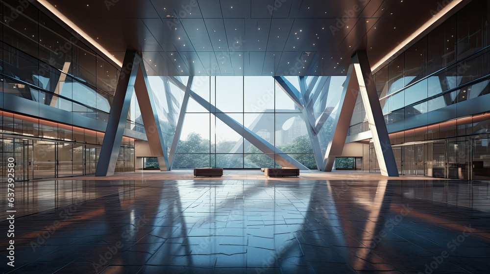 Large futuristic lobby room with windows, scenery, modern architecture ...